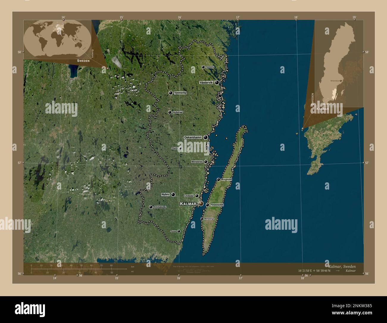 Kalmar, county of Sweden. Low resolution satellite map. Locations and ...