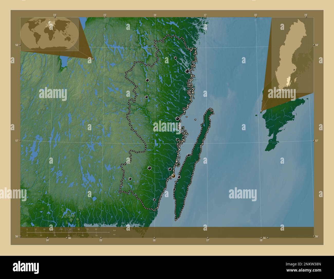 Kalmar, county of Sweden. Colored elevation map with lakes and rivers ...