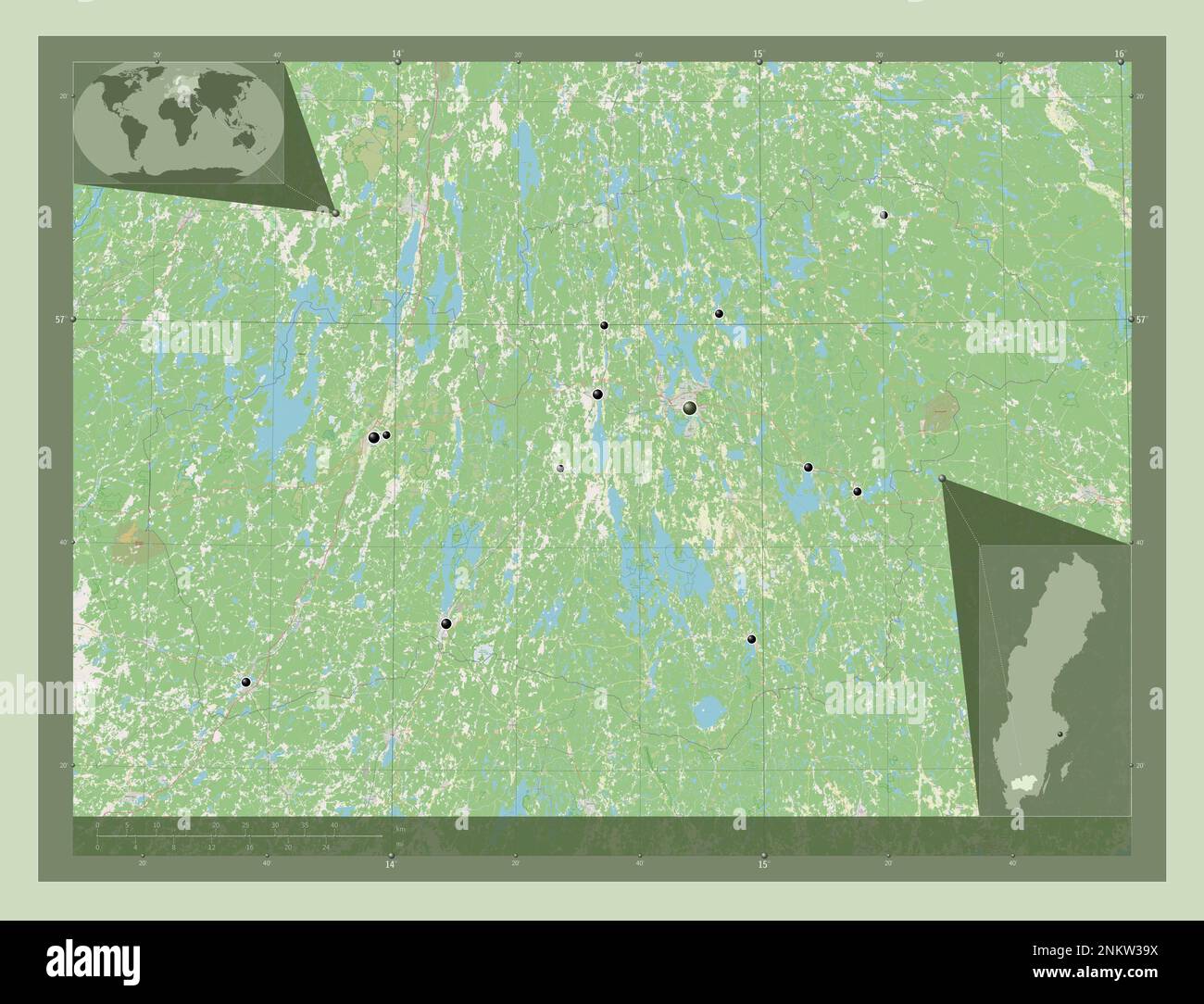 Kronoberg, county of Sweden. Open Street Map. Locations of major cities ...