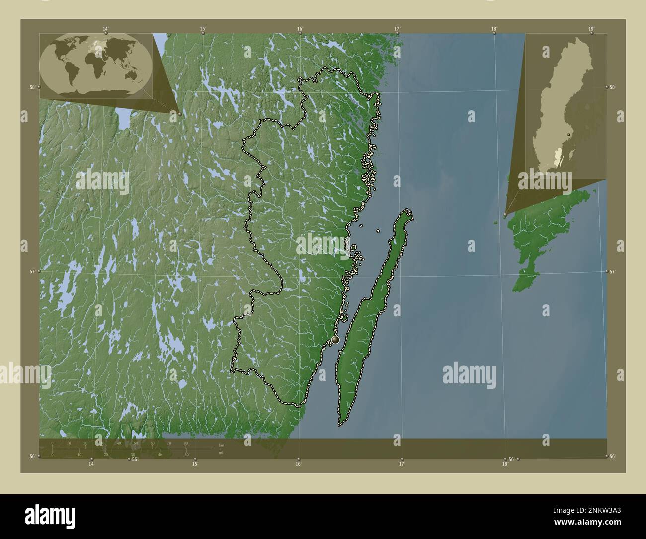 Kalmar, county of Sweden. Elevation map colored in wiki style with ...