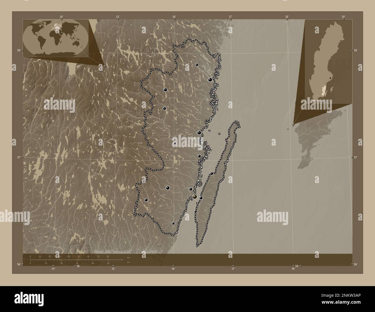 Kalmar, county of Sweden. Elevation map colored in sepia tones with ...