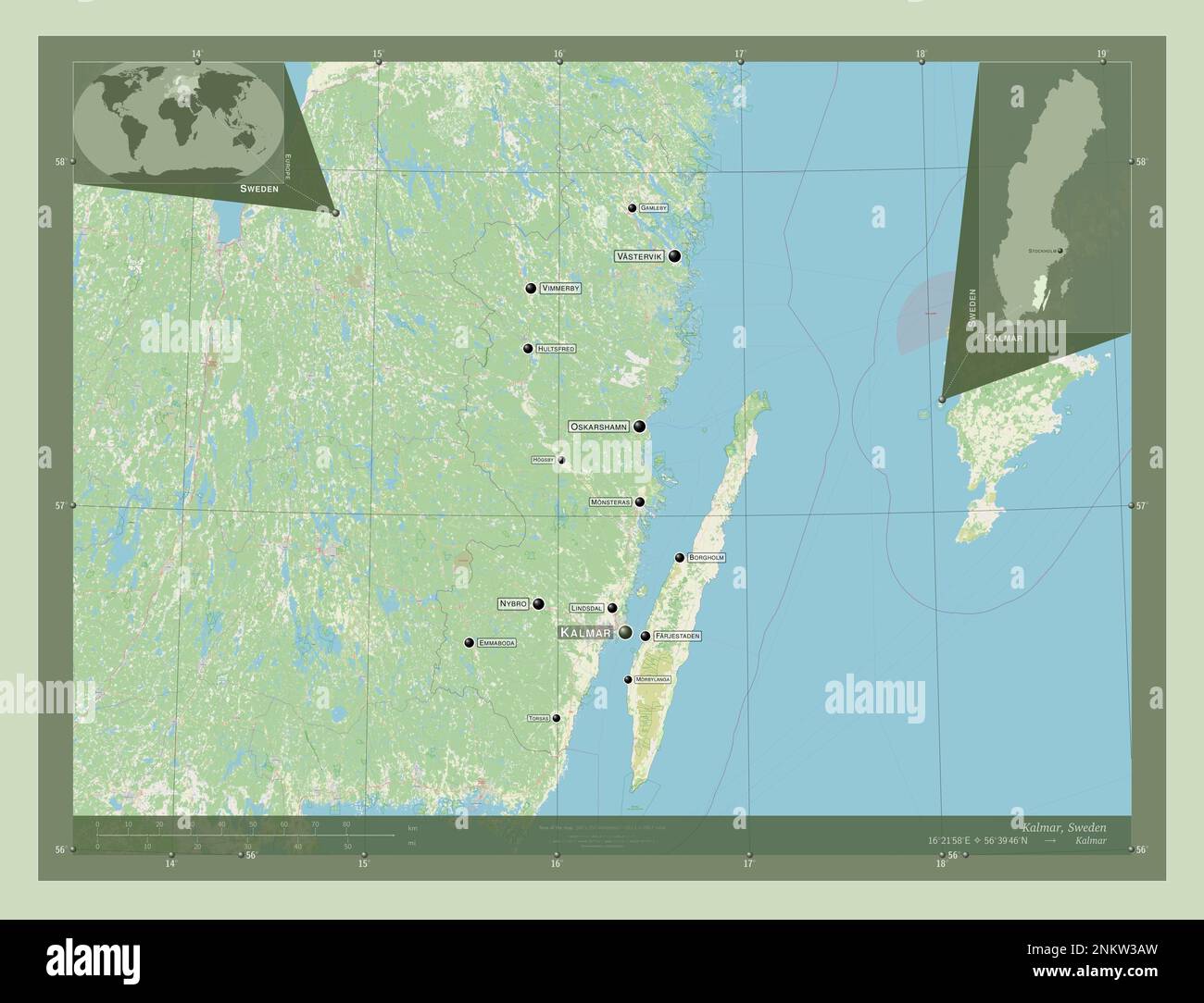 Kalmar, county of Sweden. Open Street Map. Locations and names of major ...
