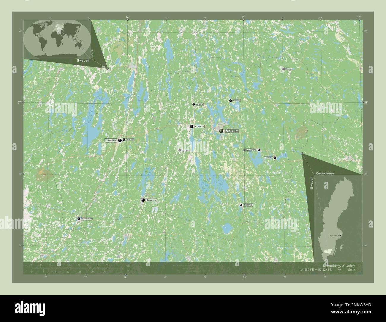 Kronoberg, county of Sweden. Open Street Map. Locations and names of ...