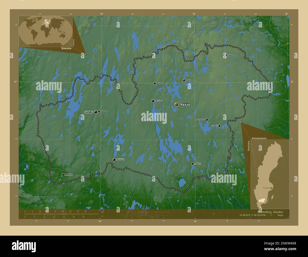 Kronoberg, county of Sweden. Colored elevation map with lakes and ...