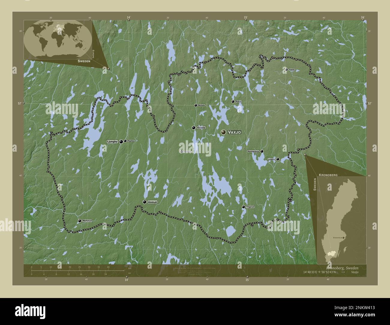 Kronoberg, county of Sweden. Elevation map colored in wiki style with ...