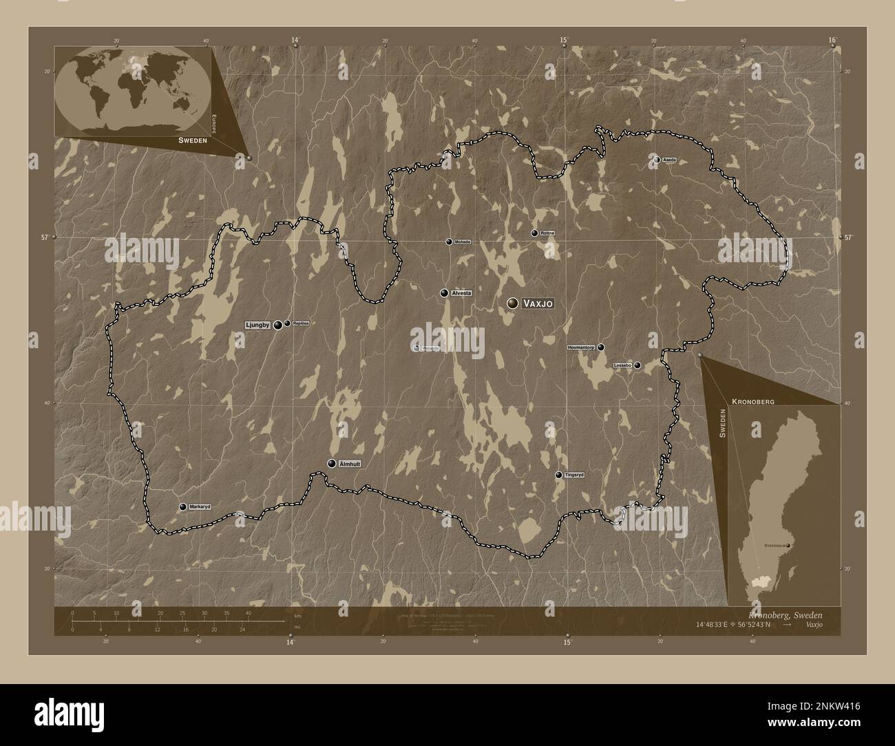 Kronoberg, county of Sweden. Elevation map colored in sepia tones with ...