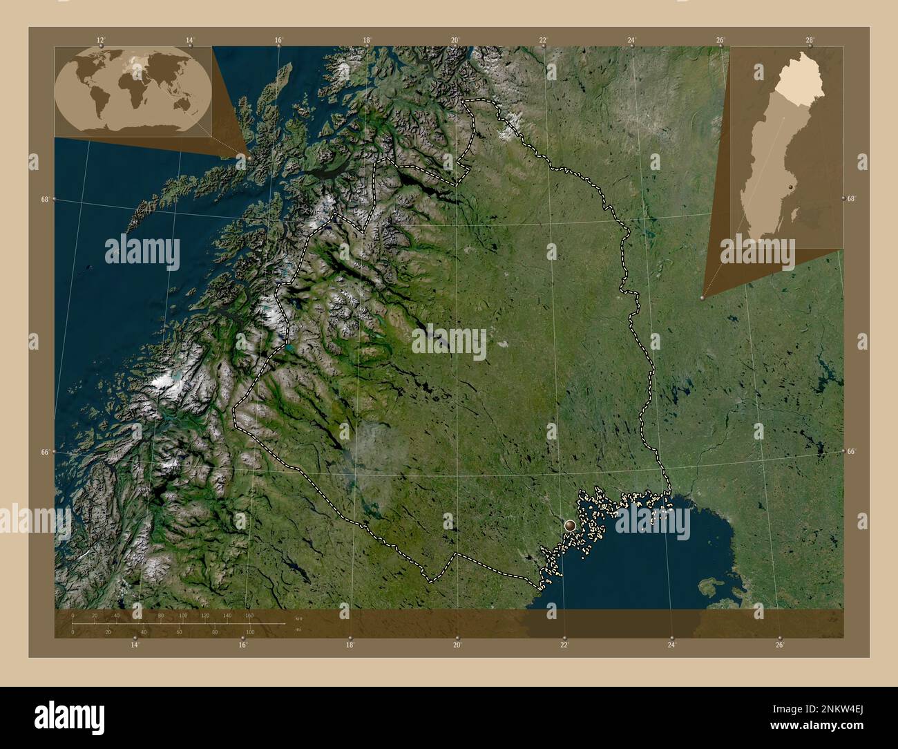 Norrbotten, county of Sweden. Low resolution satellite map. Corner ...