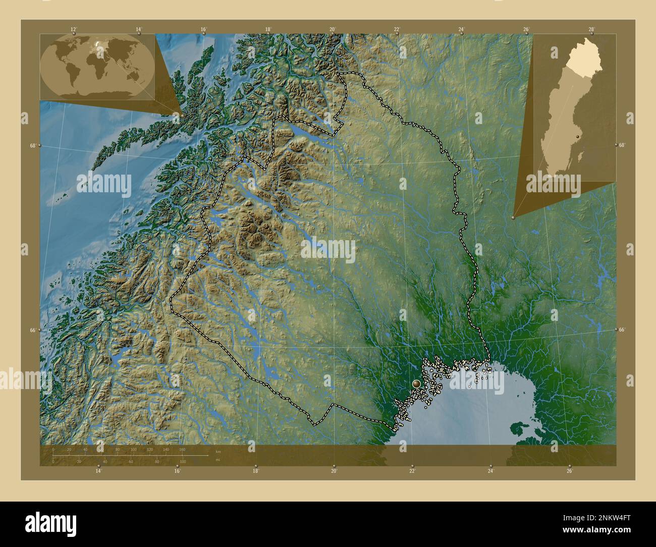 Norrbotten, county of Sweden. Colored elevation map with lakes and ...