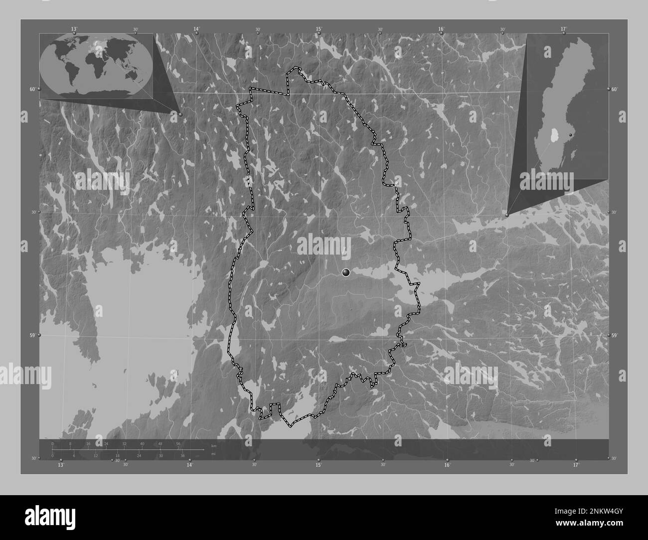 Orebro County Of Sweden Grayscale Elevation Map With Lakes And Rivers Corner Auxiliary