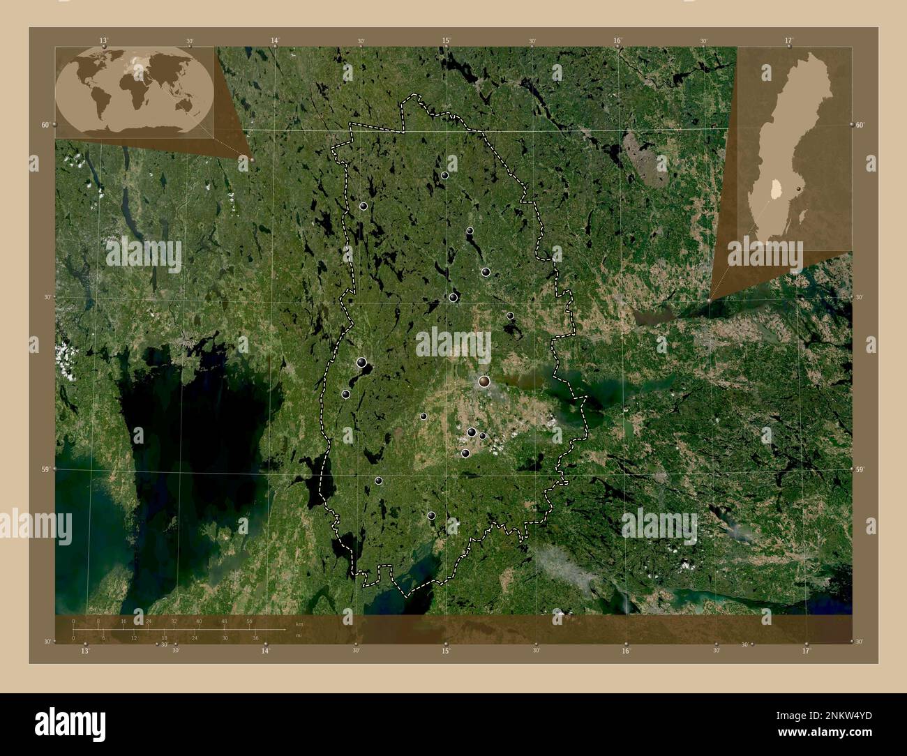 Orebro, county of Sweden. Low resolution satellite map. Locations of ...