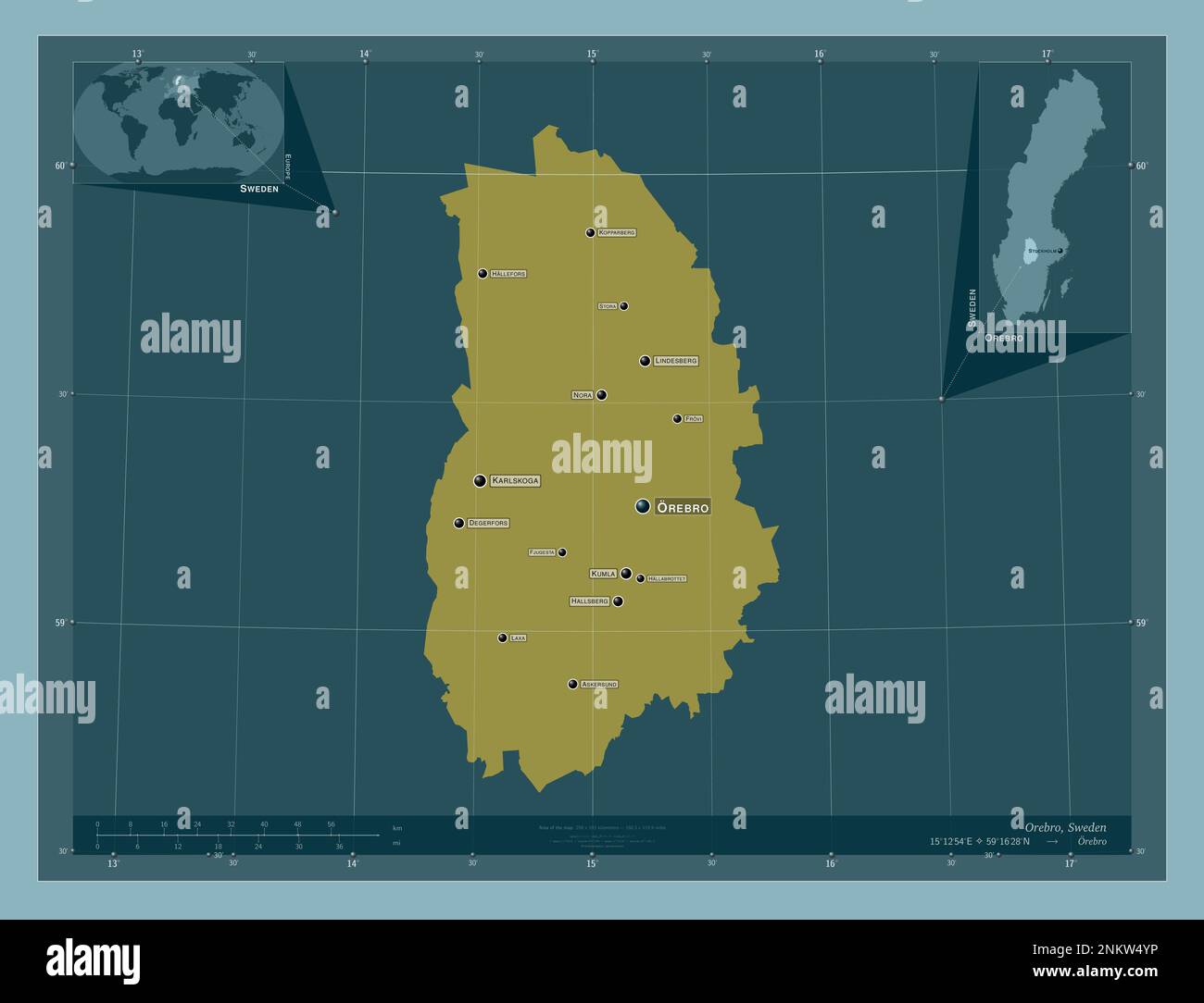 Orebro, county of Sweden. Solid color shape. Locations and names of ...