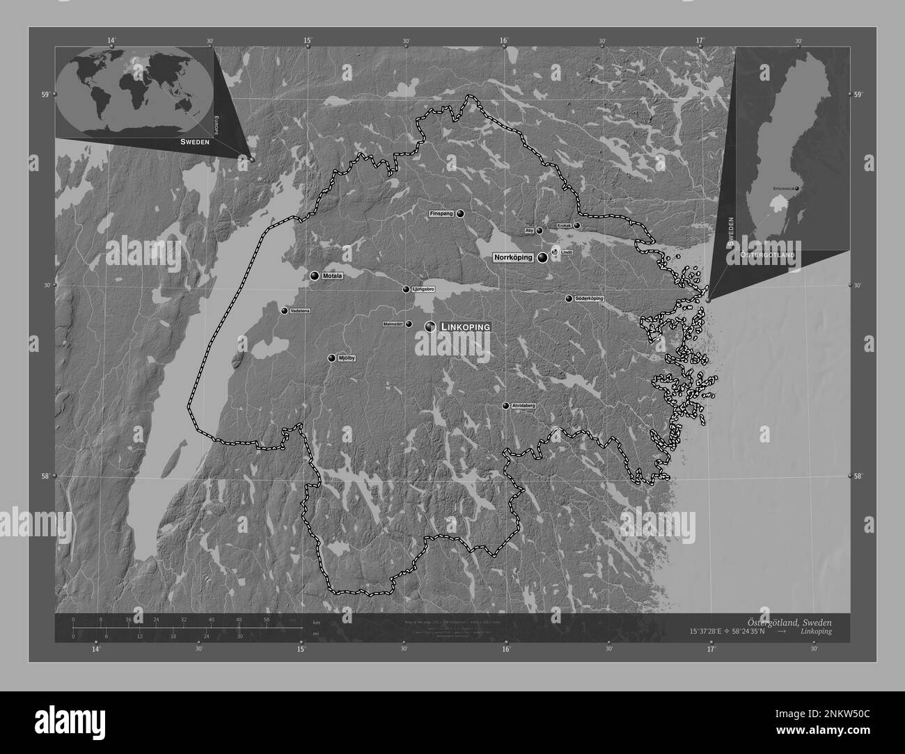 Ostergotland, county of Sweden. Bilevel elevation map with lakes and ...
