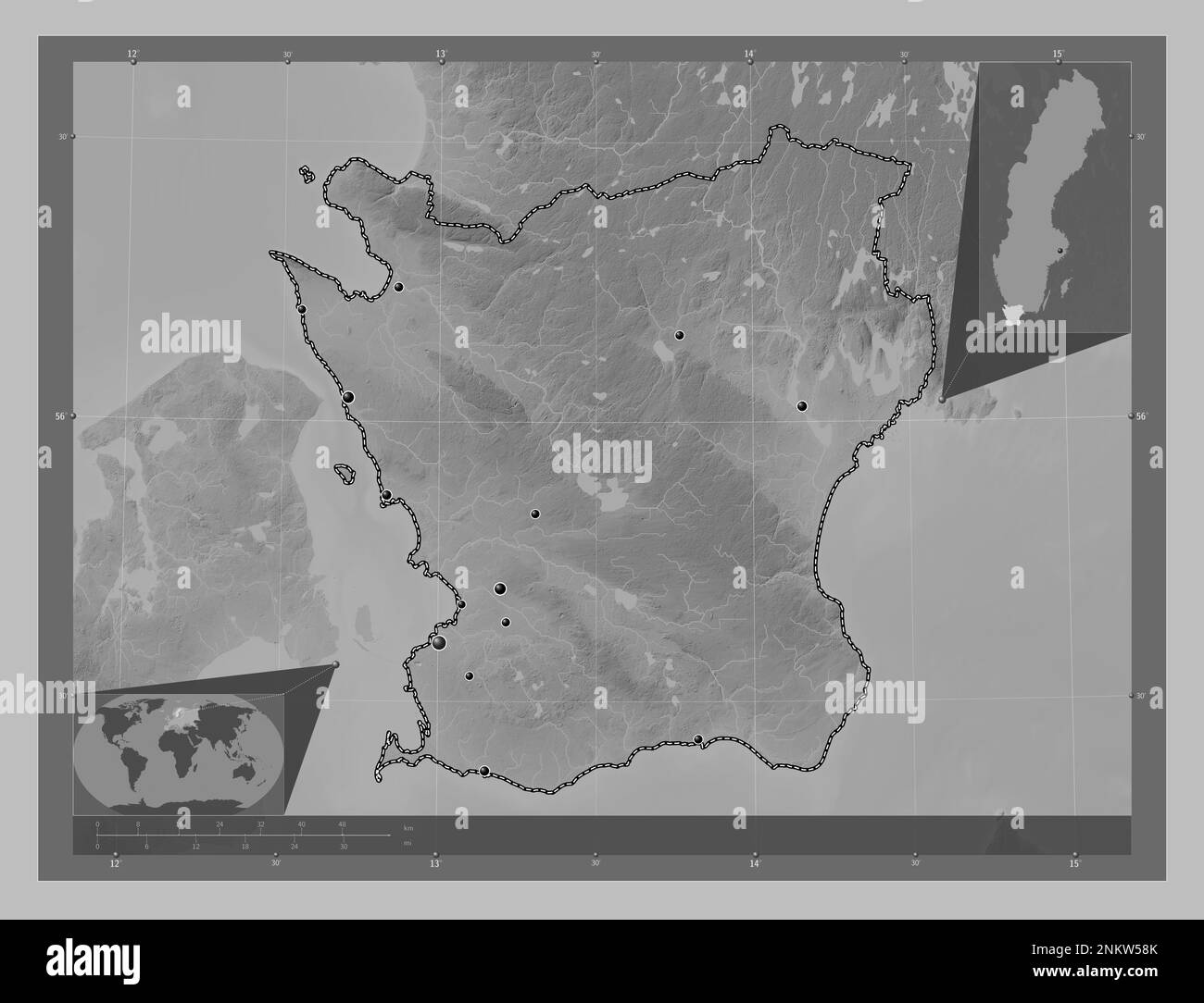 Skane, county of Sweden. Grayscale elevation map with lakes and rivers ...