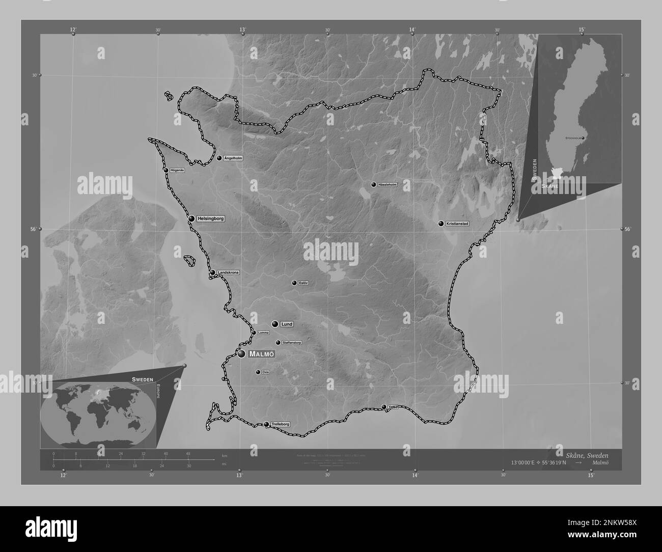 Skane, county of Sweden. Grayscale elevation map with lakes and rivers ...