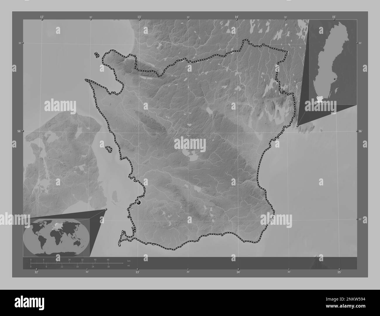 Skane County Of Sweden Grayscale Elevation Map With Lakes And Rivers Corner Auxiliary