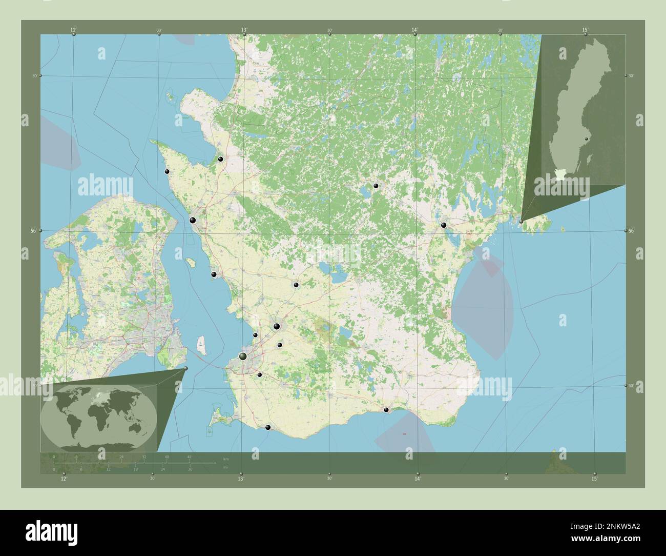 Skane, county of Sweden. Open Street Map. Locations of major cities of ...