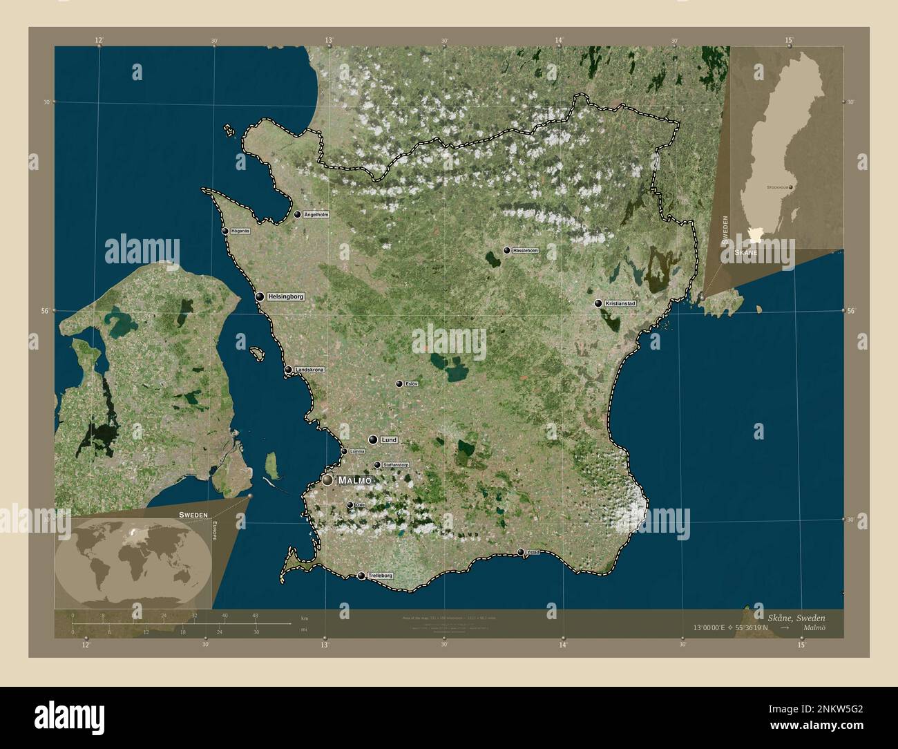 Skane, county of Sweden. High resolution satellite map. Locations and ...