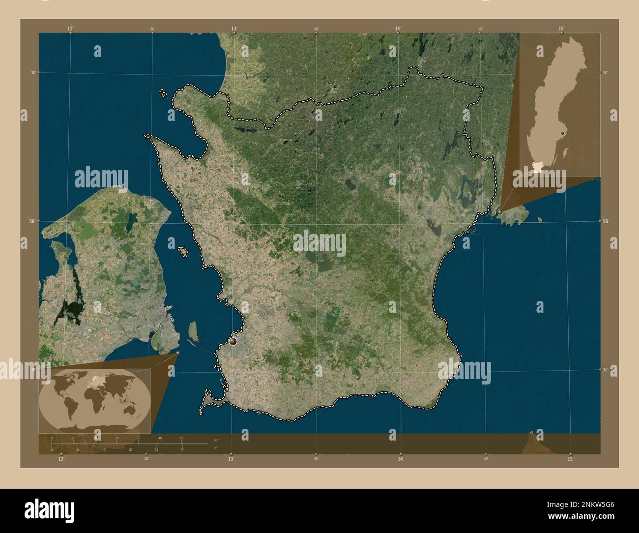 Skane, county of Sweden. Low resolution satellite map. Corner auxiliary ...