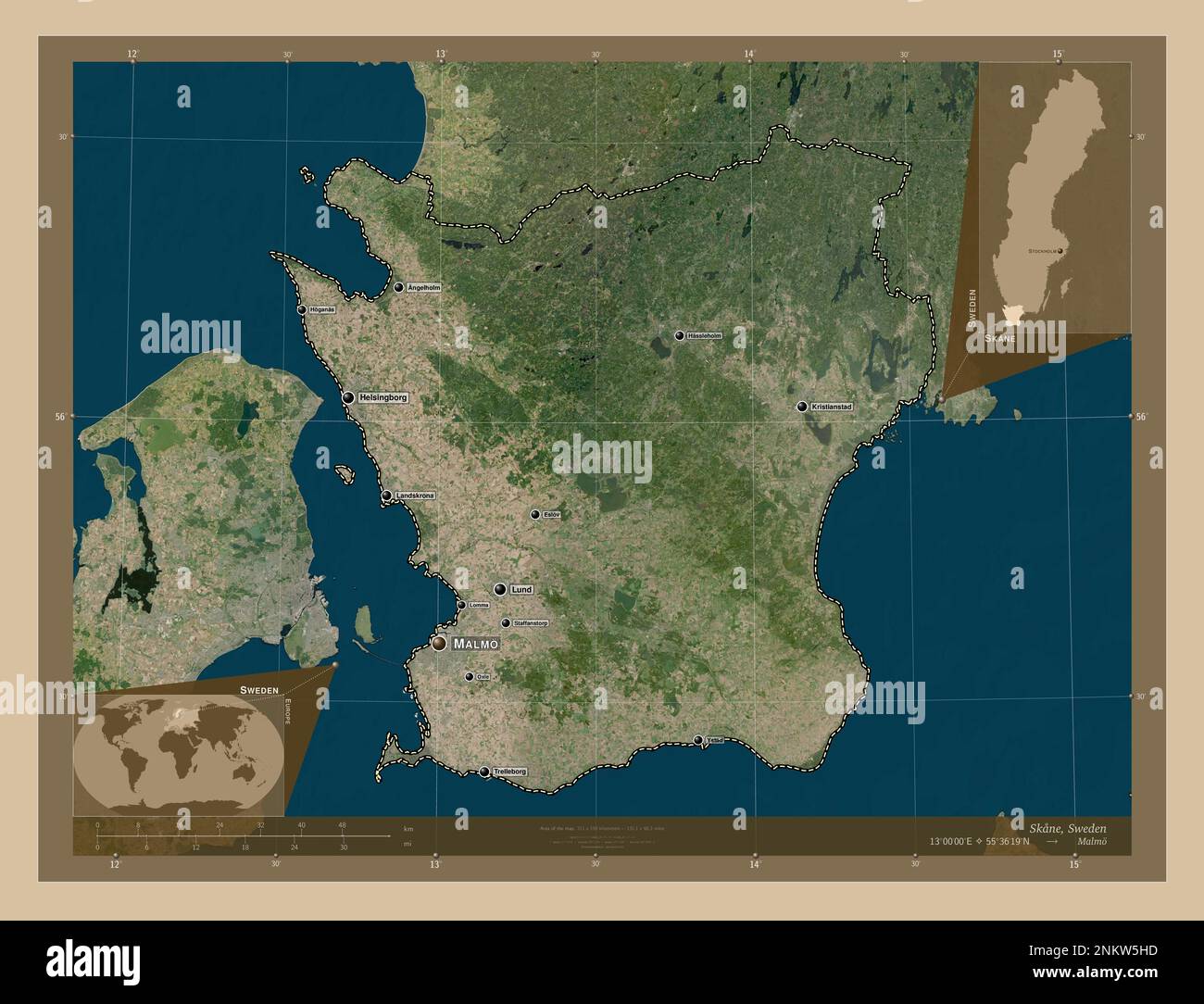 Skane, county of Sweden. Low resolution satellite map. Locations and ...