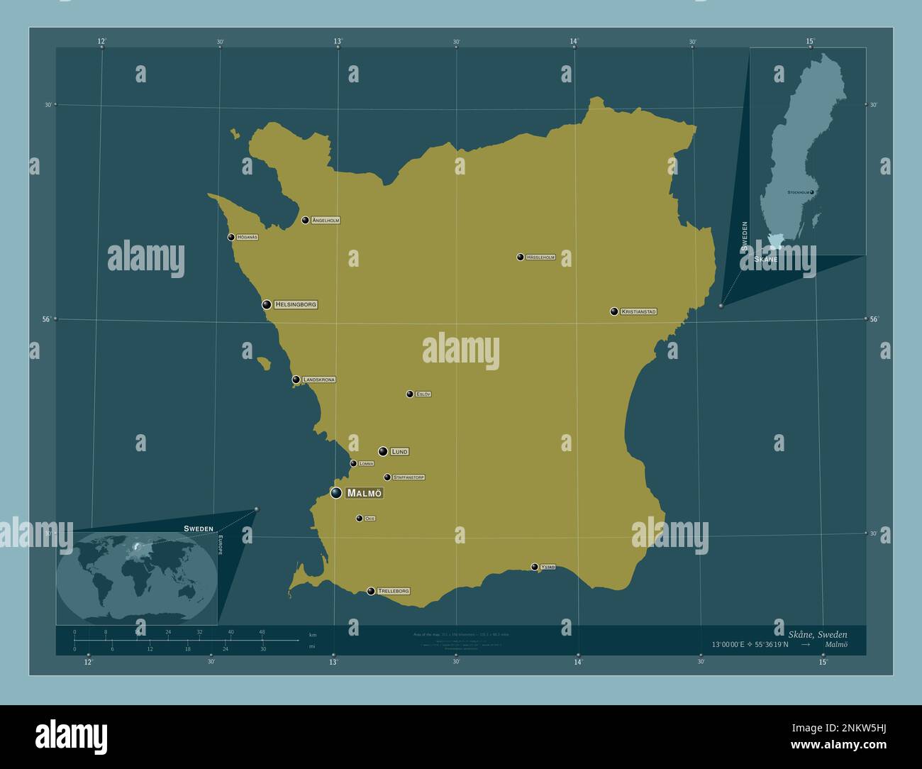 Skane, county of Sweden. Solid color shape. Locations and names of ...