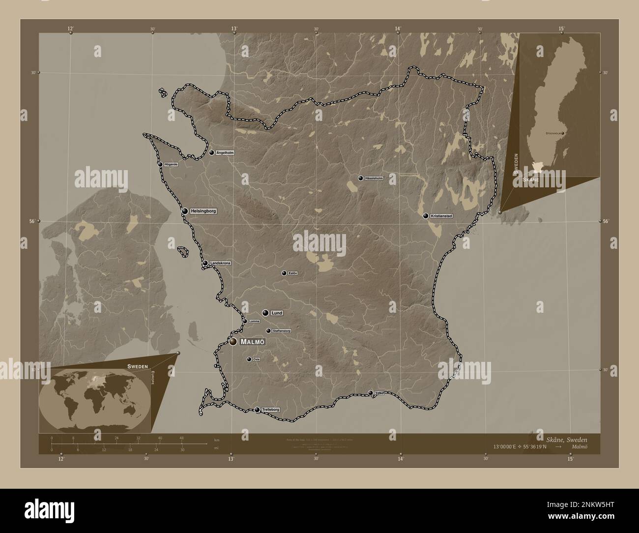 Skane, county of Sweden. Elevation map colored in sepia tones with ...