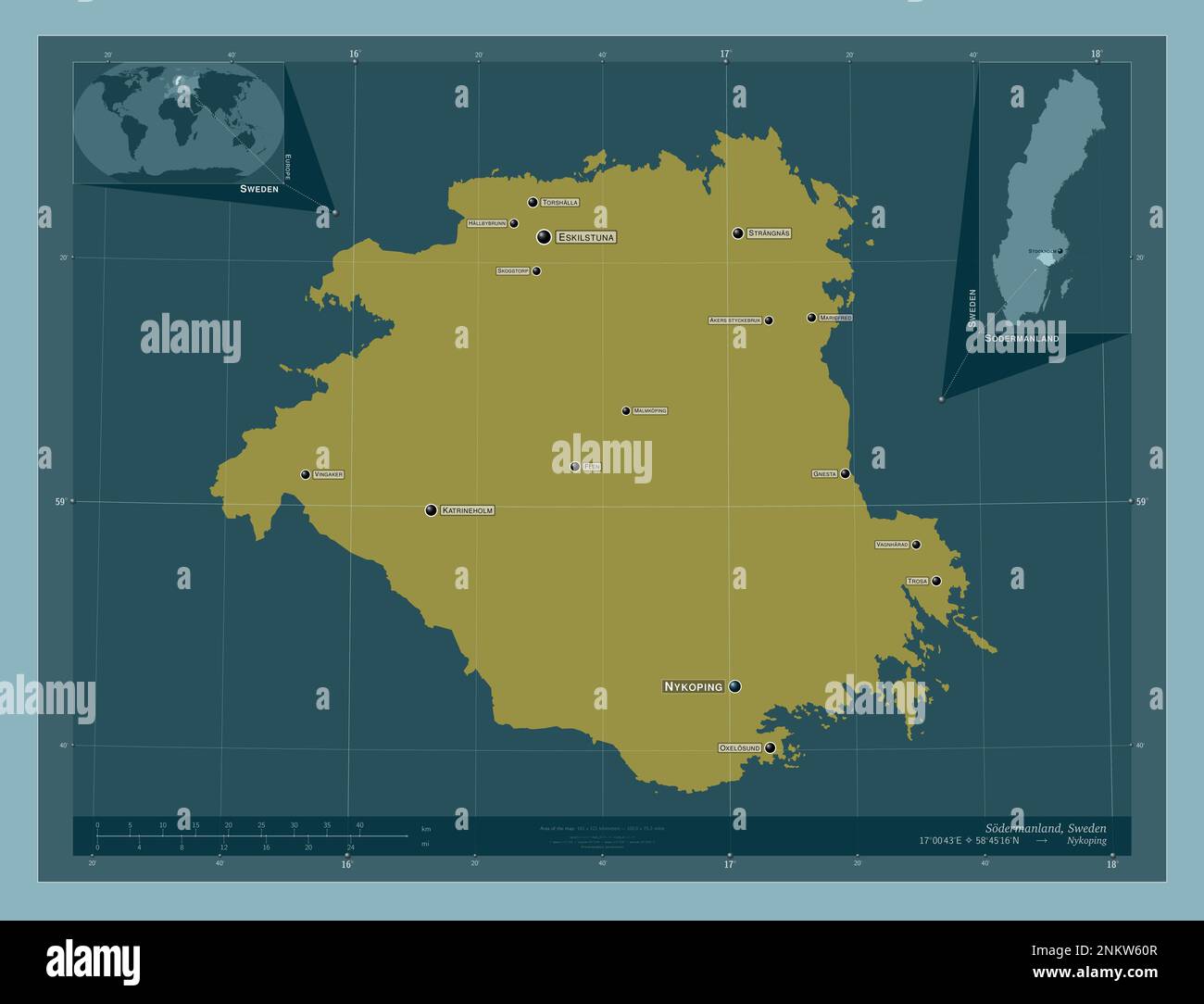 Sodermanland, county of Sweden. Solid color shape. Locations and names ...