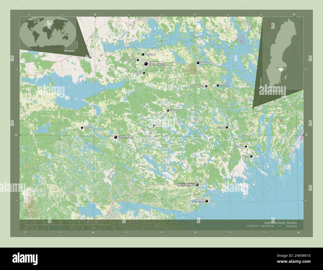 Sodermanland, county of Sweden. Open Street Map. Locations and names of ...