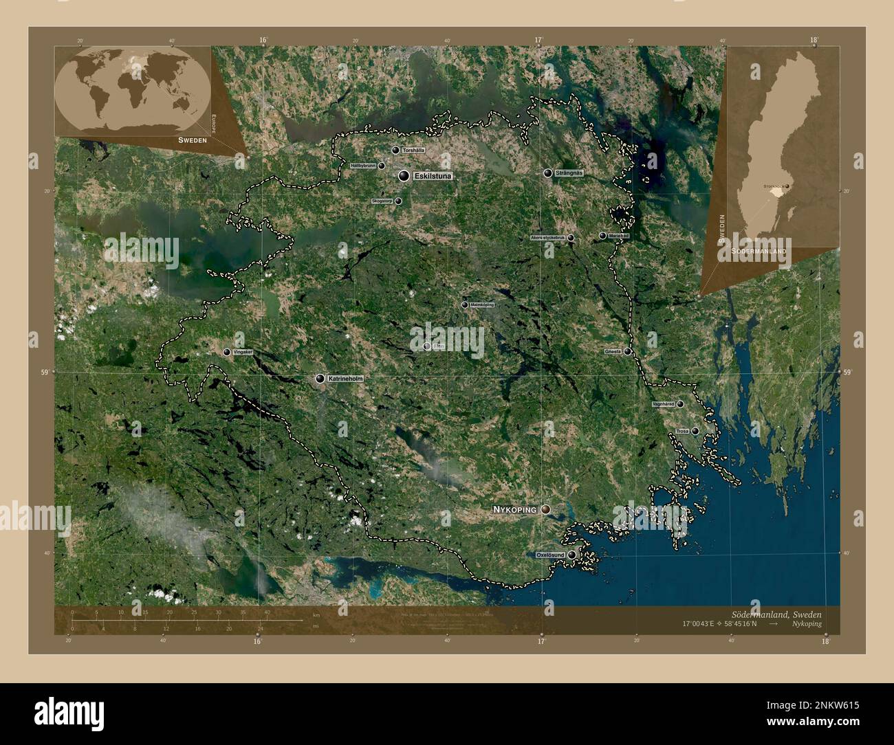 Sodermanland, county of Sweden. Low resolution satellite map. Locations ...