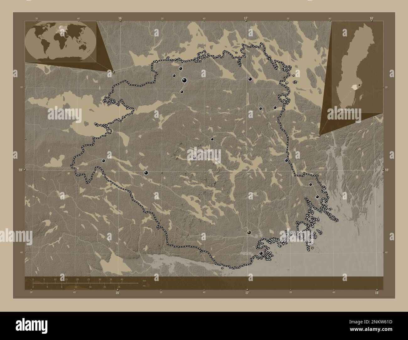 Sodermanland, county of Sweden. Elevation map colored in sepia tones ...