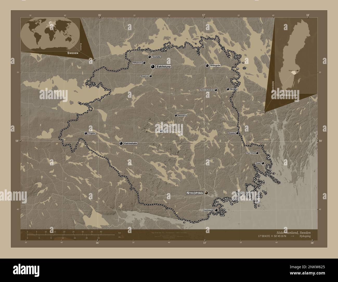 Sodermanland, county of Sweden. Elevation map colored in sepia tones ...