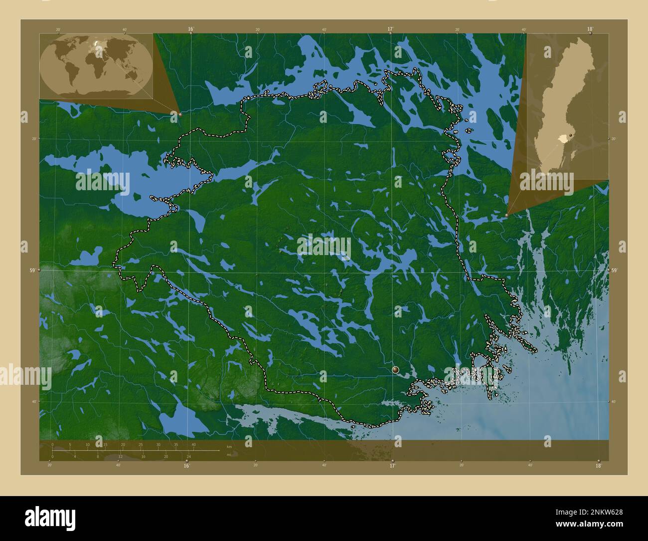 Sodermanland, county of Sweden. Colored elevation map with lakes and ...