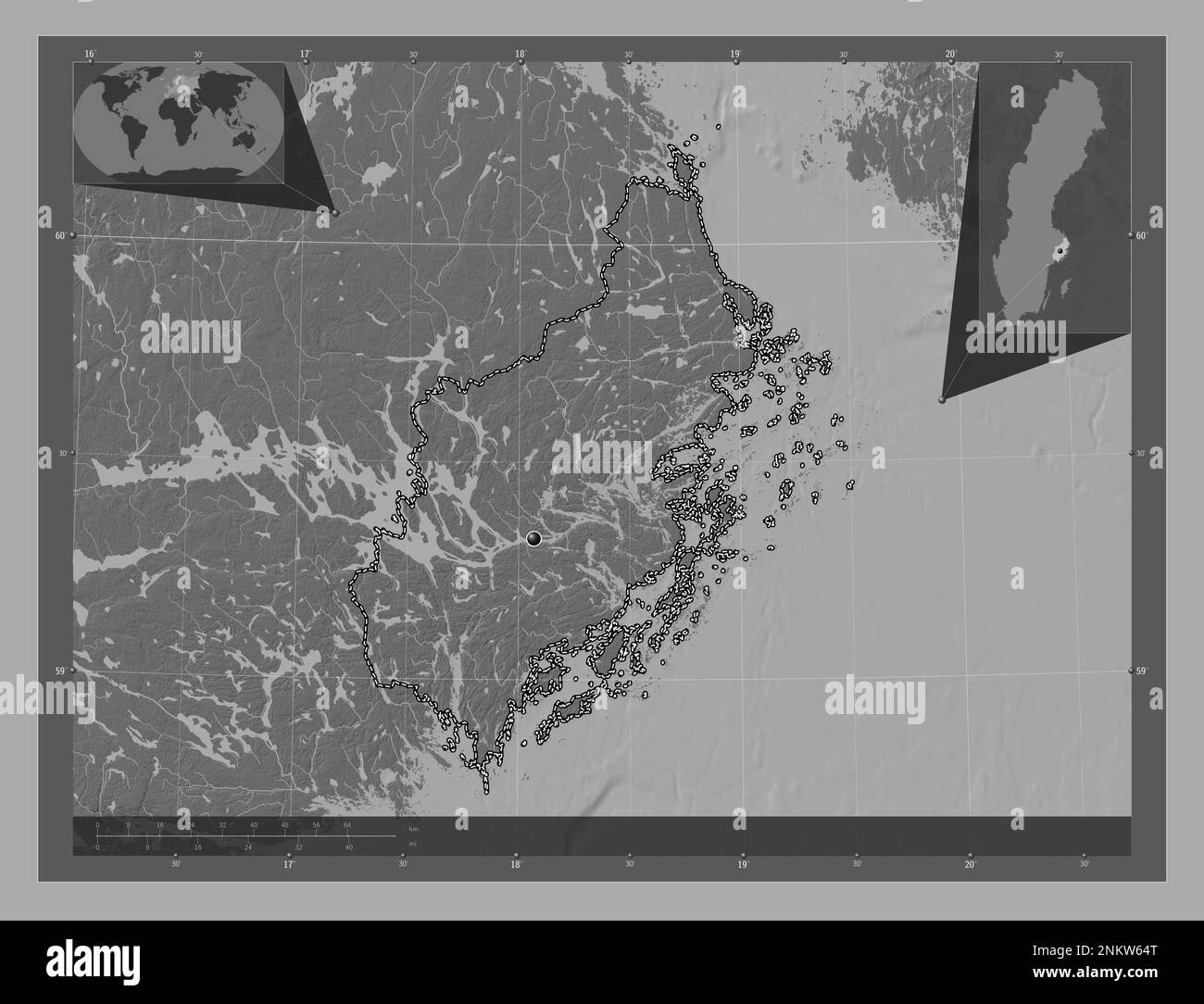 Stockholm, county of Sweden. Bilevel elevation map with lakes and ...