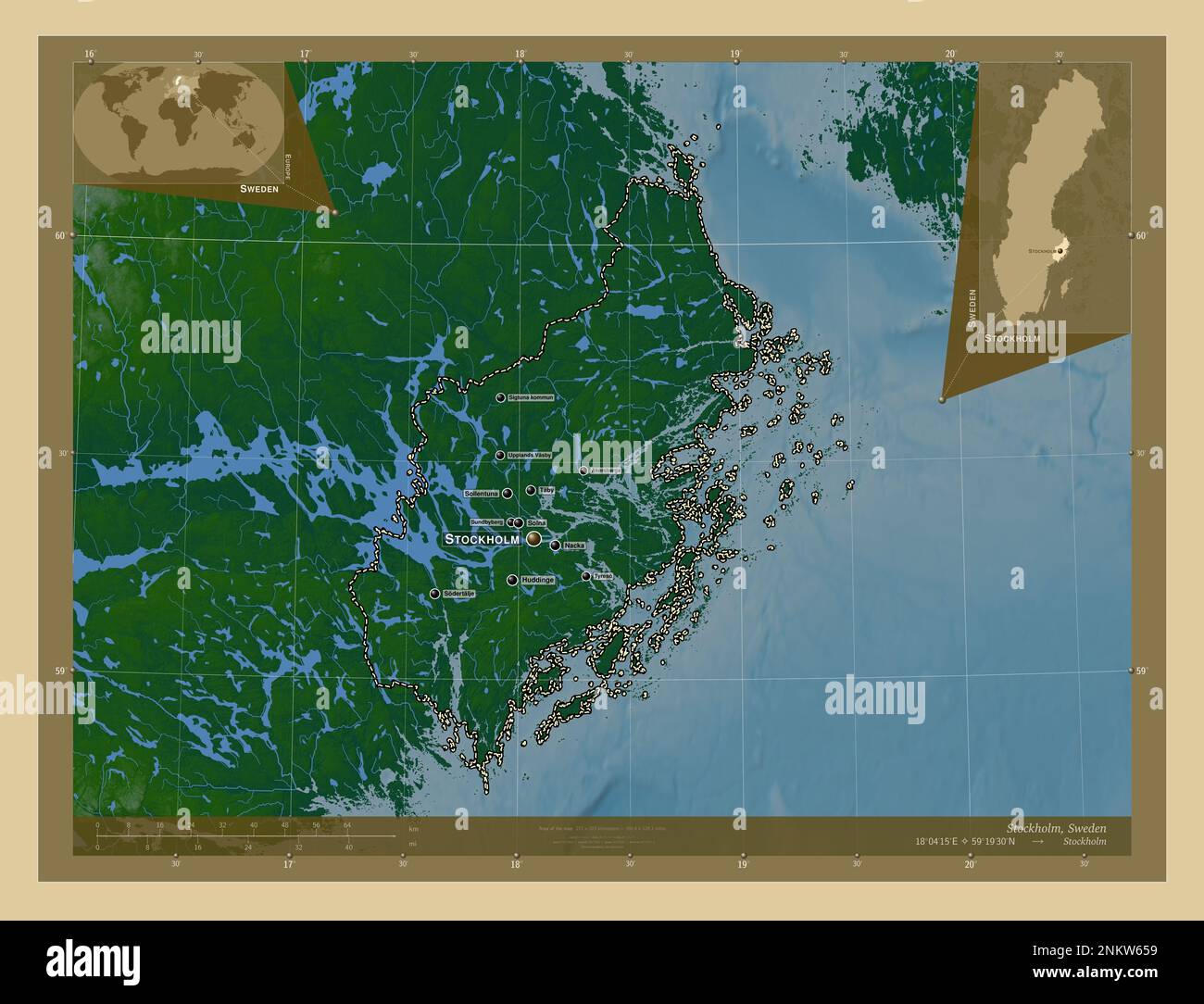 Stockholm, county of Sweden. Colored elevation map with lakes and ...