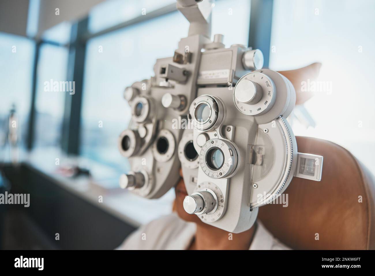 Ophthalmology phoropter, patient consultation or eye exam for vision ...