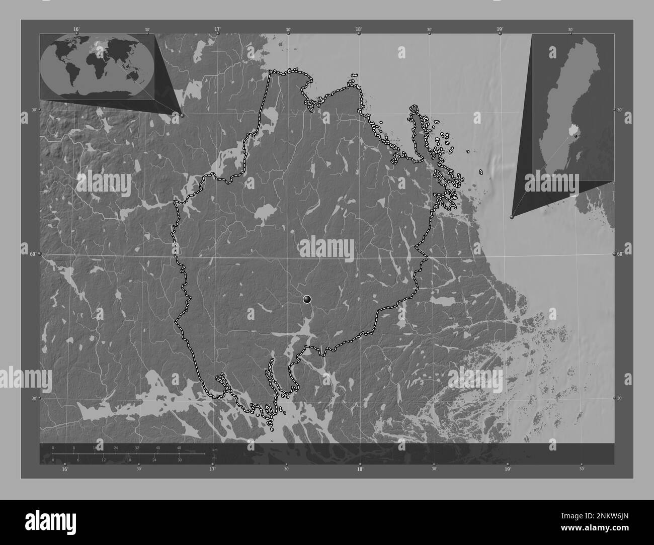 Uppsala, county of Sweden. Bilevel elevation map with lakes and rivers ...
