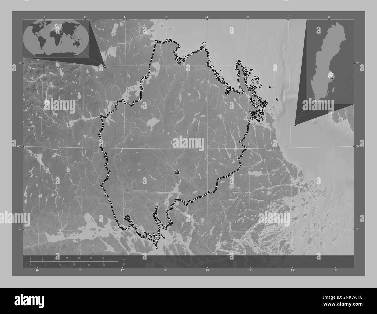 Uppsala, county of Sweden. Grayscale elevation map with lakes and ...