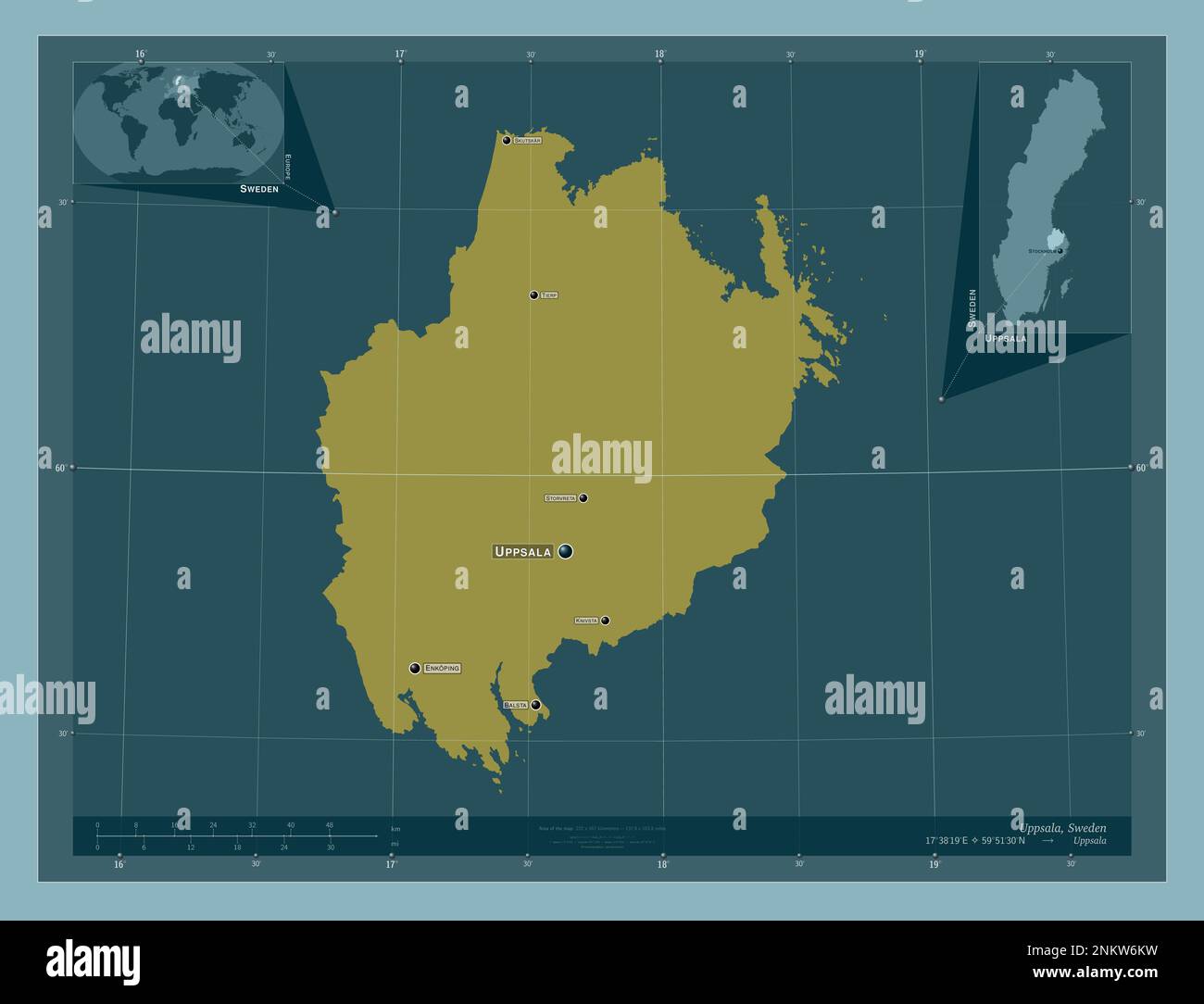Uppsala, county of Sweden. Solid color shape. Locations and names of ...
