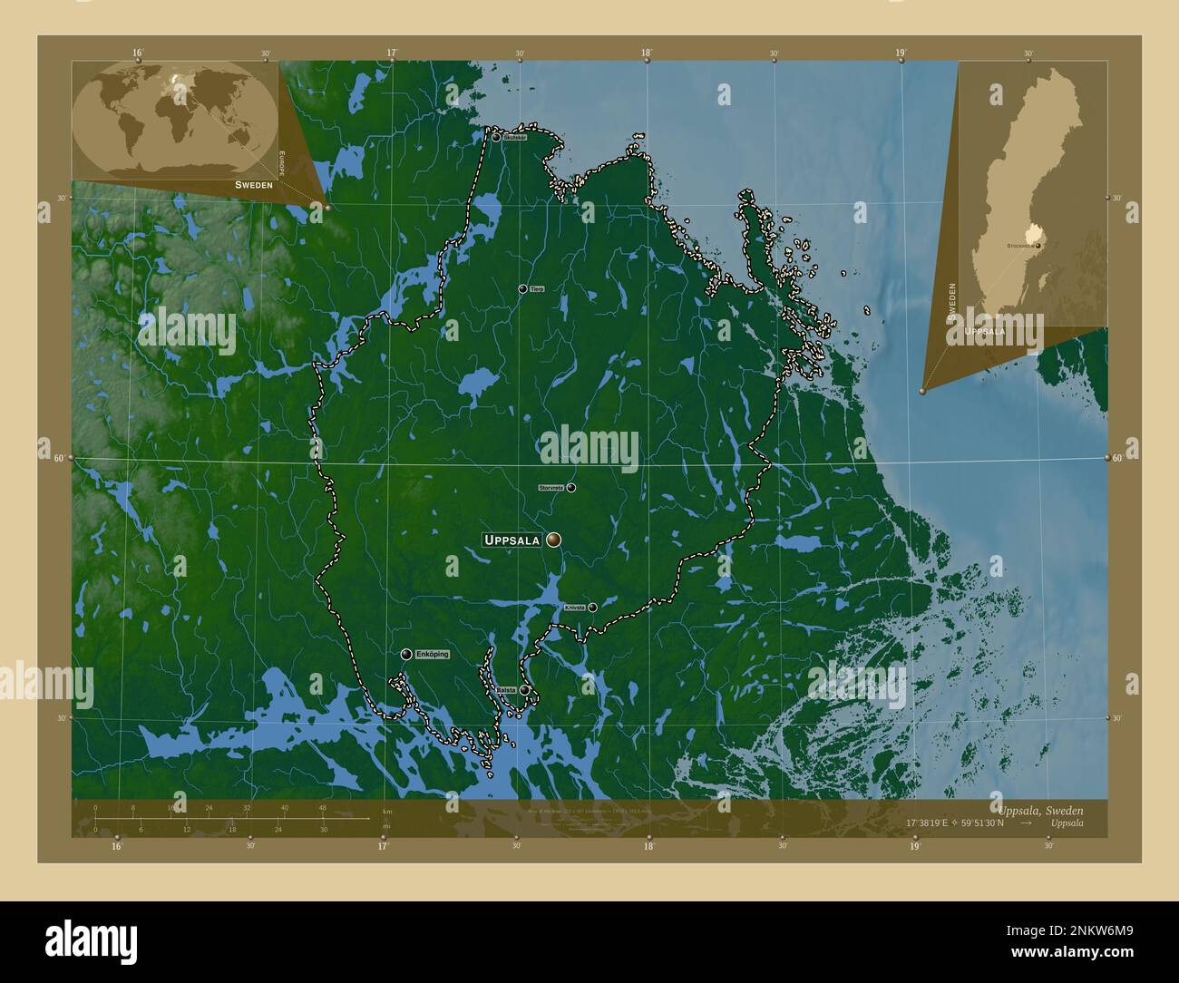 Uppsala, county of Sweden. Colored elevation map with lakes and rivers ...