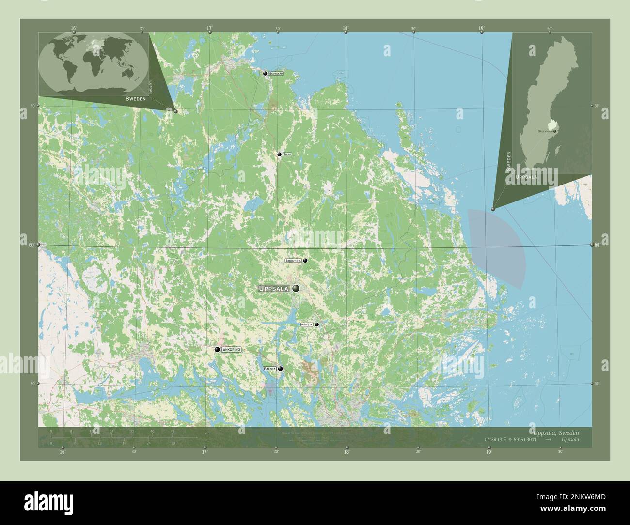 Uppsala, county of Sweden. Open Street Map. Locations and names of ...