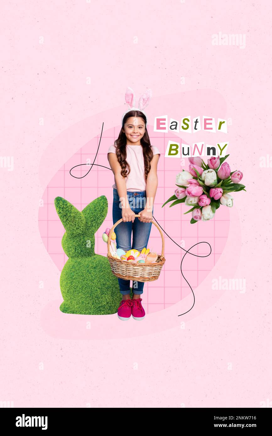 Creative image invitation collage of little kid wear bunny costume ...