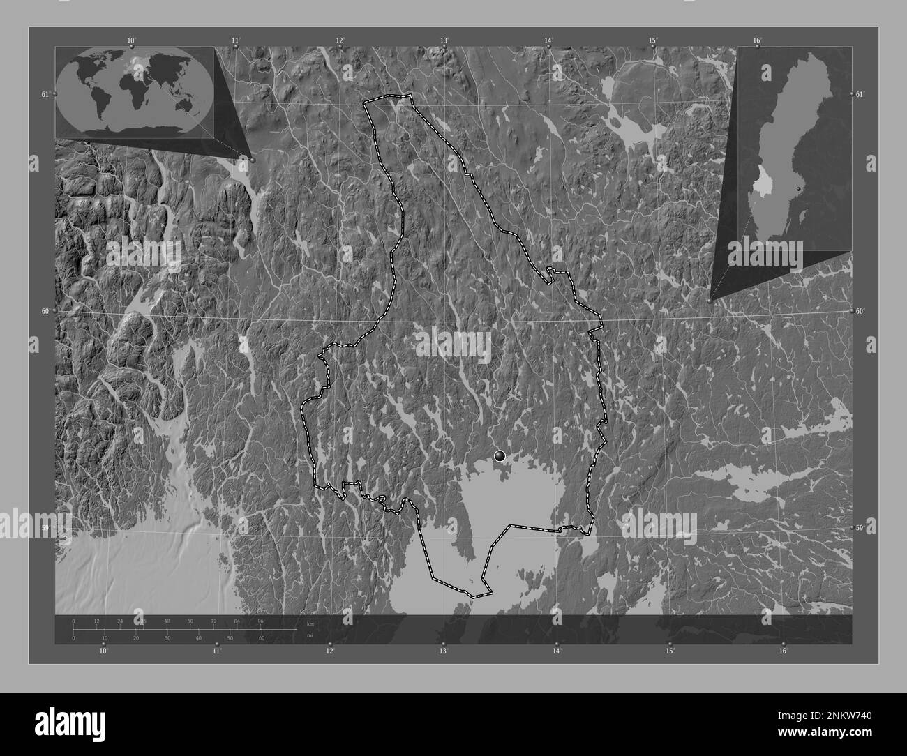 Varmland, county of Sweden. Bilevel elevation map with lakes and rivers ...