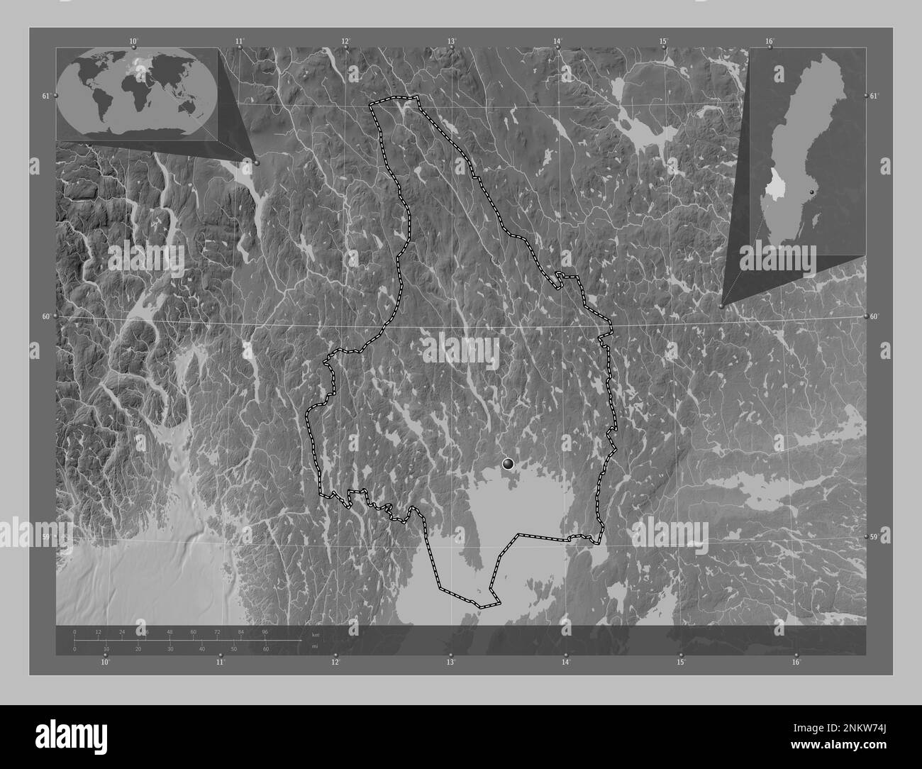 Varmland County Of Sweden Grayscale Elevation Map With Lakes And Rivers Corner Auxiliary