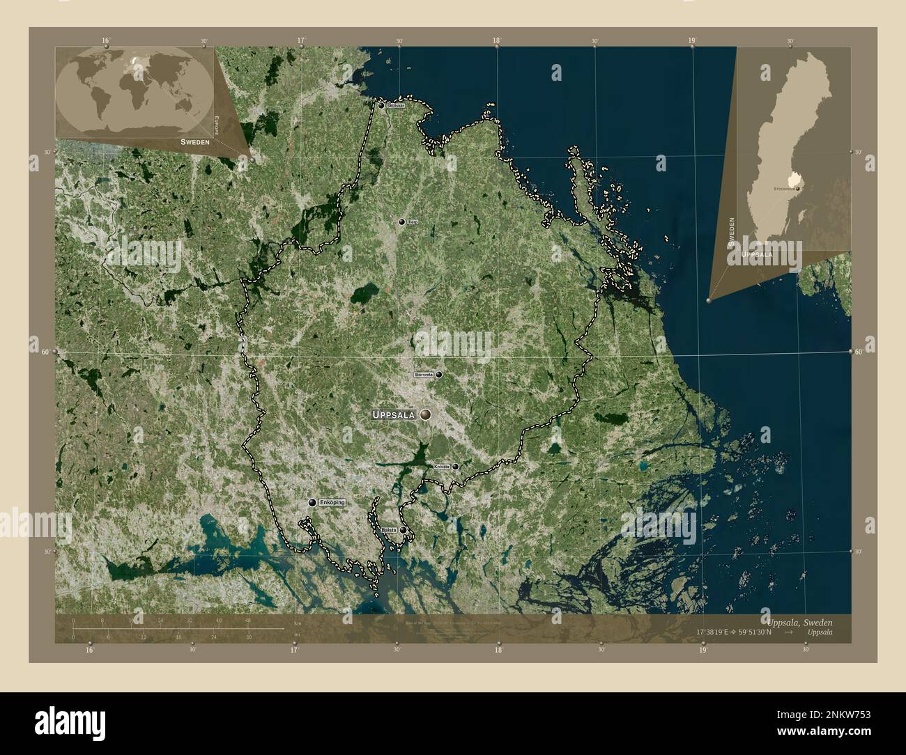 Uppsala, county of Sweden. High resolution satellite map. Locations and ...