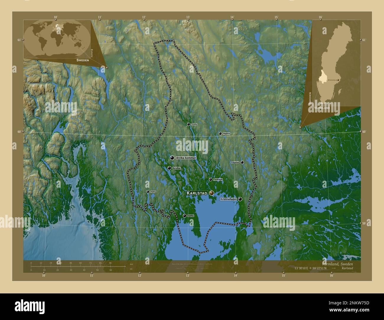 Varmland, county of Sweden. Colored elevation map with lakes and rivers ...