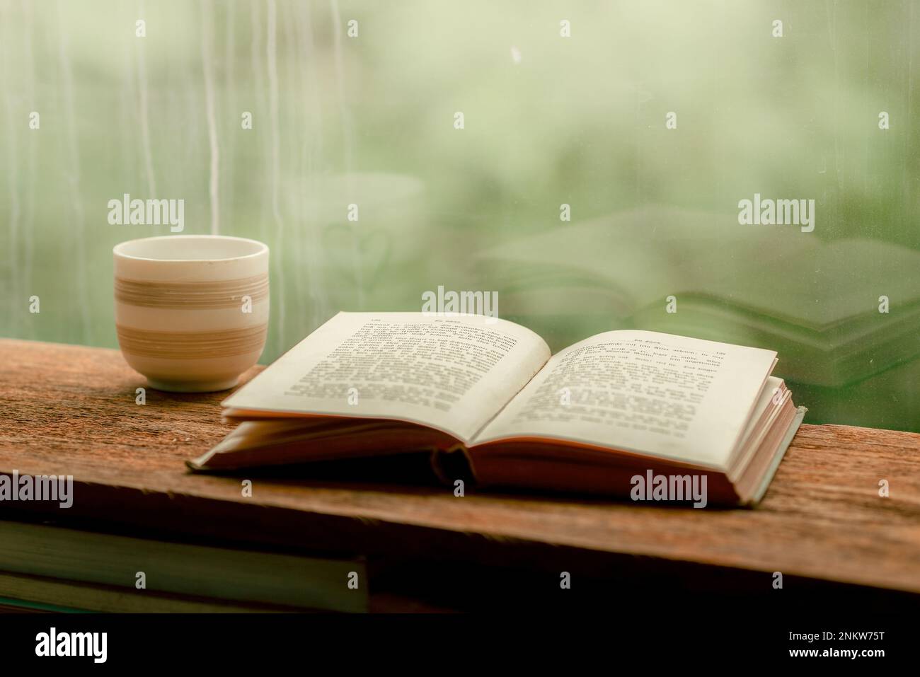 an open book by an open window, and a porcelain cup. calm, soft light ...