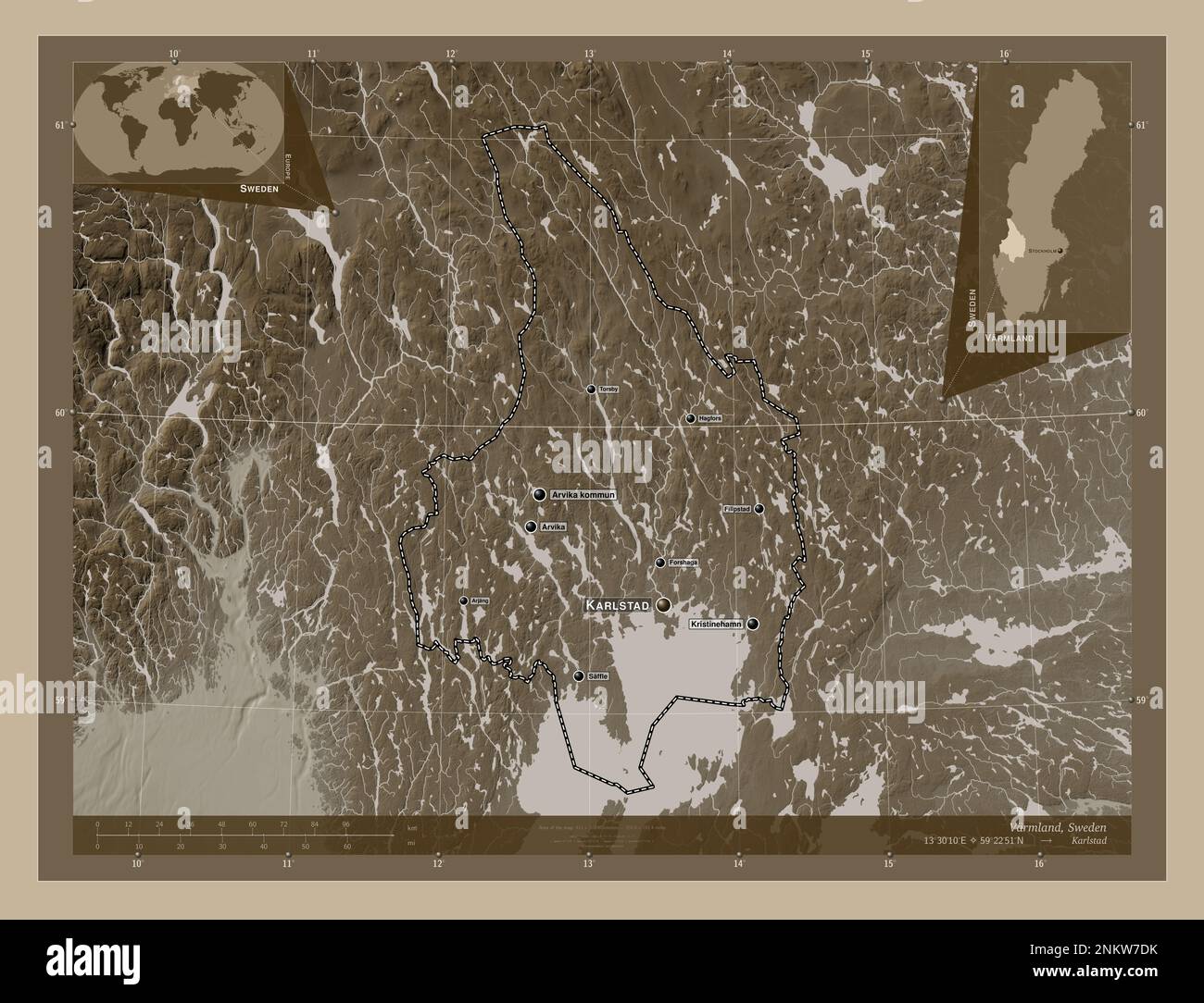 Varmland, county of Sweden. Elevation map colored in sepia tones with ...