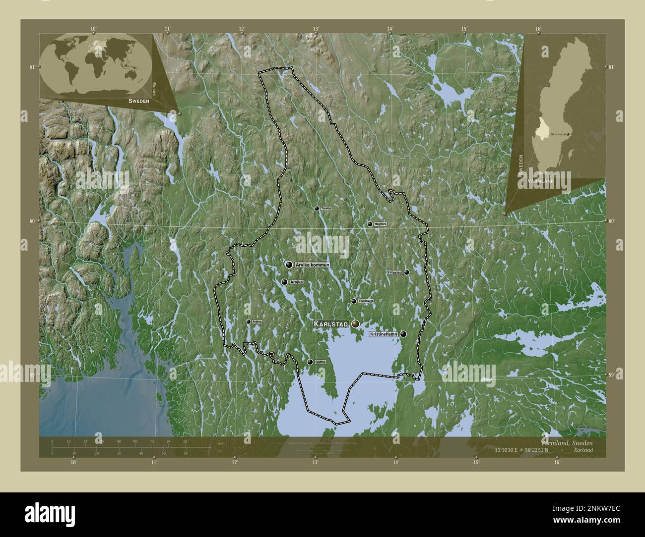 Varmland, county of Sweden. Elevation map colored in wiki style with ...