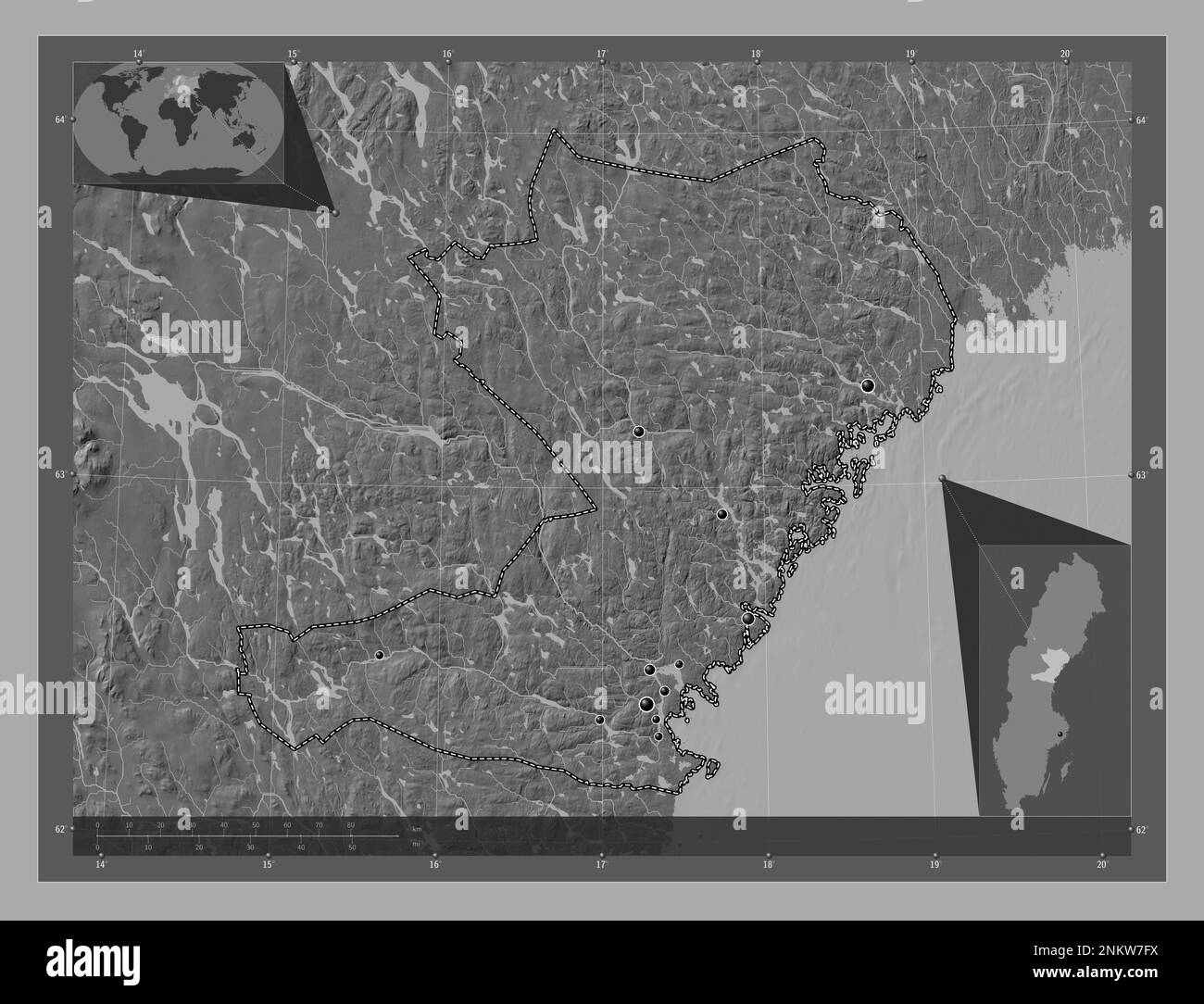 Vasternorrland, county of Sweden. Bilevel elevation map with lakes and ...