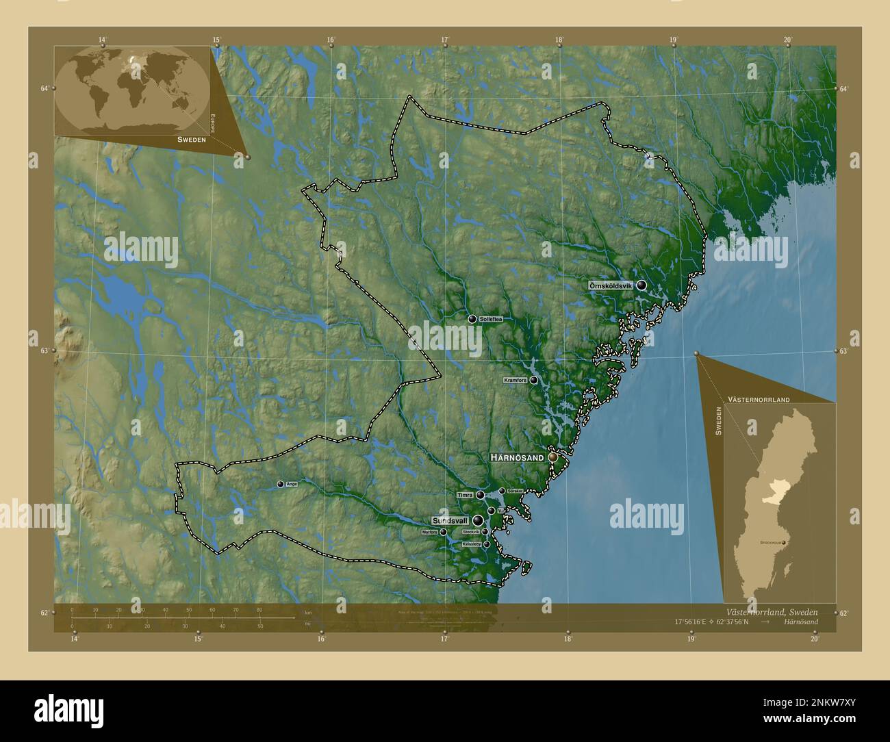 Vasternorrland, county of Sweden. Colored elevation map with lakes and ...