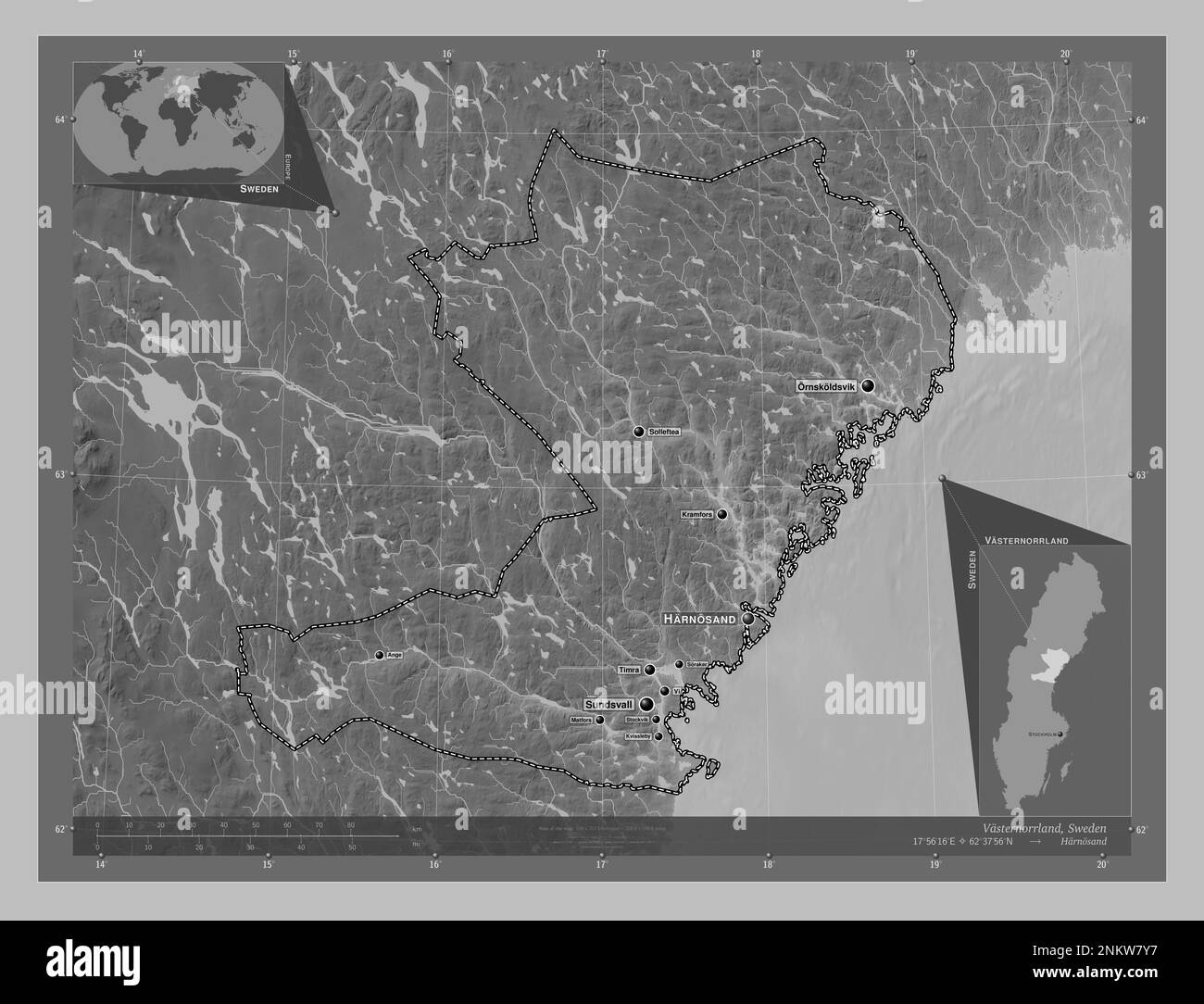 Vasternorrland, county of Sweden. Grayscale elevation map with lakes ...
